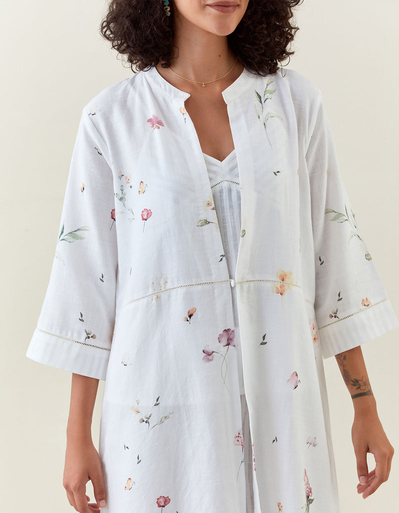 White botanical print front open cotton linen jacket – Anantaalife