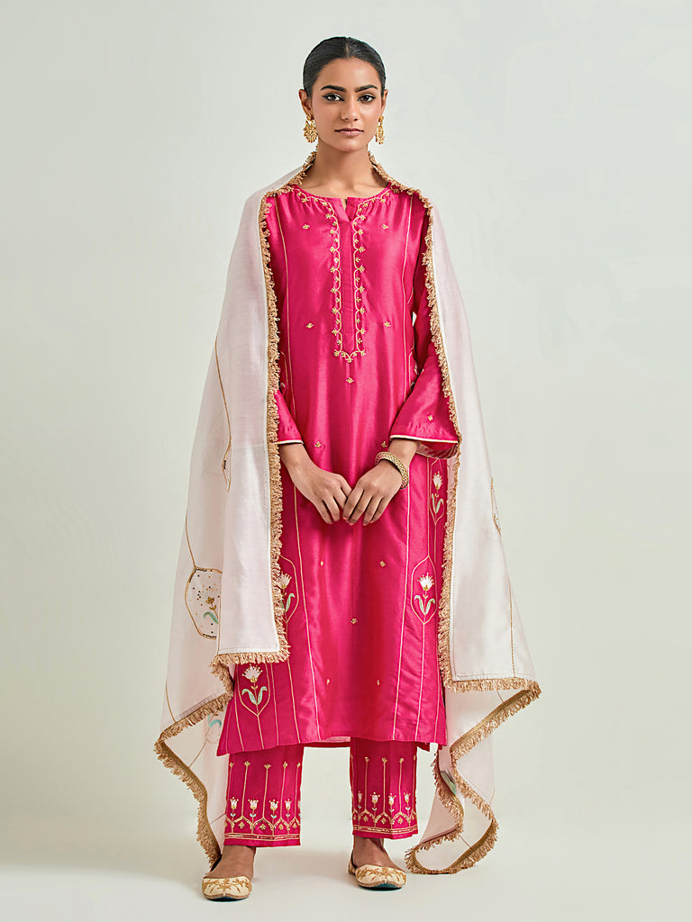 Light Pink Silk Chanderi hand embroidered dupatta – Anantaalife