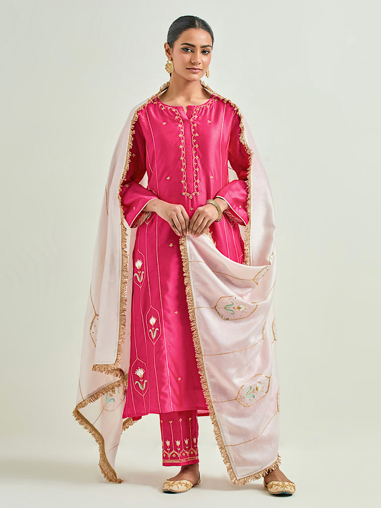 Light Pink Silk Chanderi hand embroidered dupatta – Anantaalife