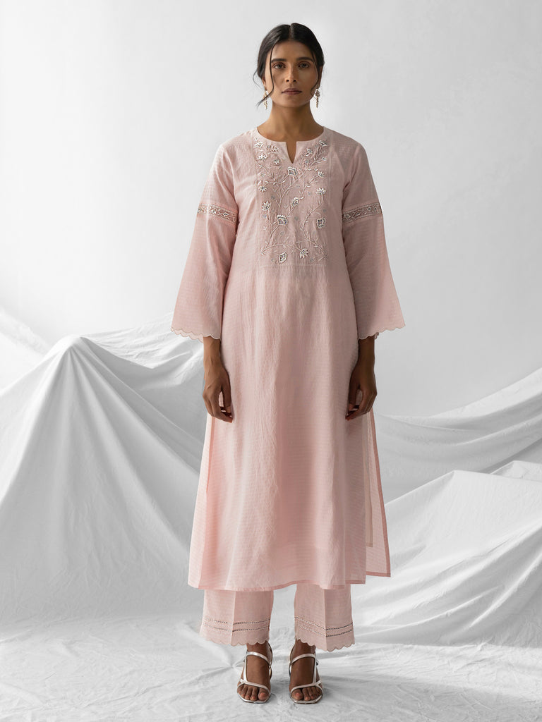 Pastel Pink dobby kurta with embroidered yoke – Anantaalife