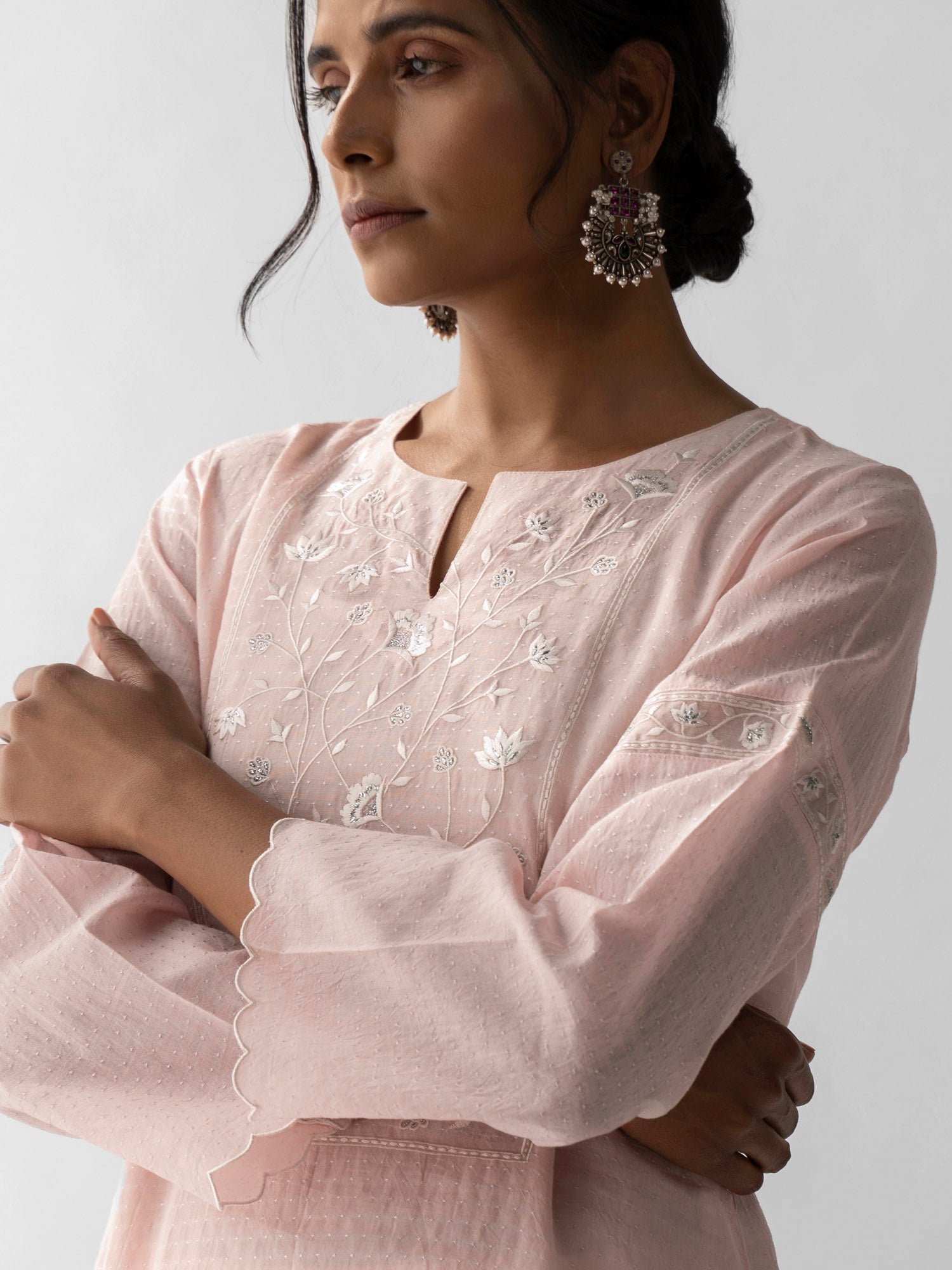 Pastel Pink dobby kurta with embroidered yoke – Anantaalife