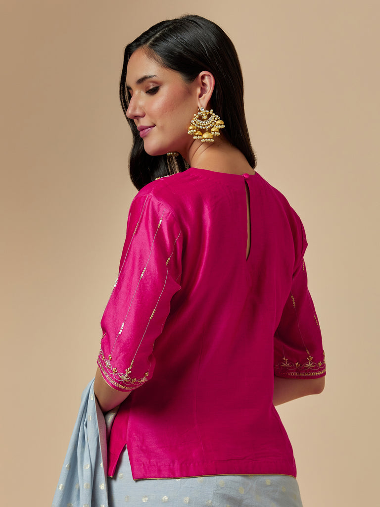 Fuchsia closed neck blouse with hand embroidery – Anantaalife