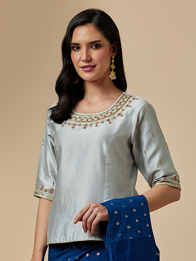 Grey closed neck blouse with hand embroidrery – Anantaalife