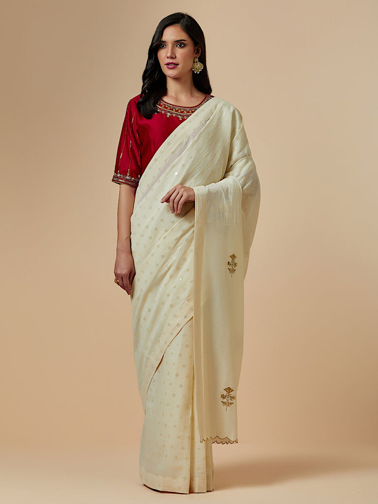 Off white cotton saree with hand embroidery – Anantaalife