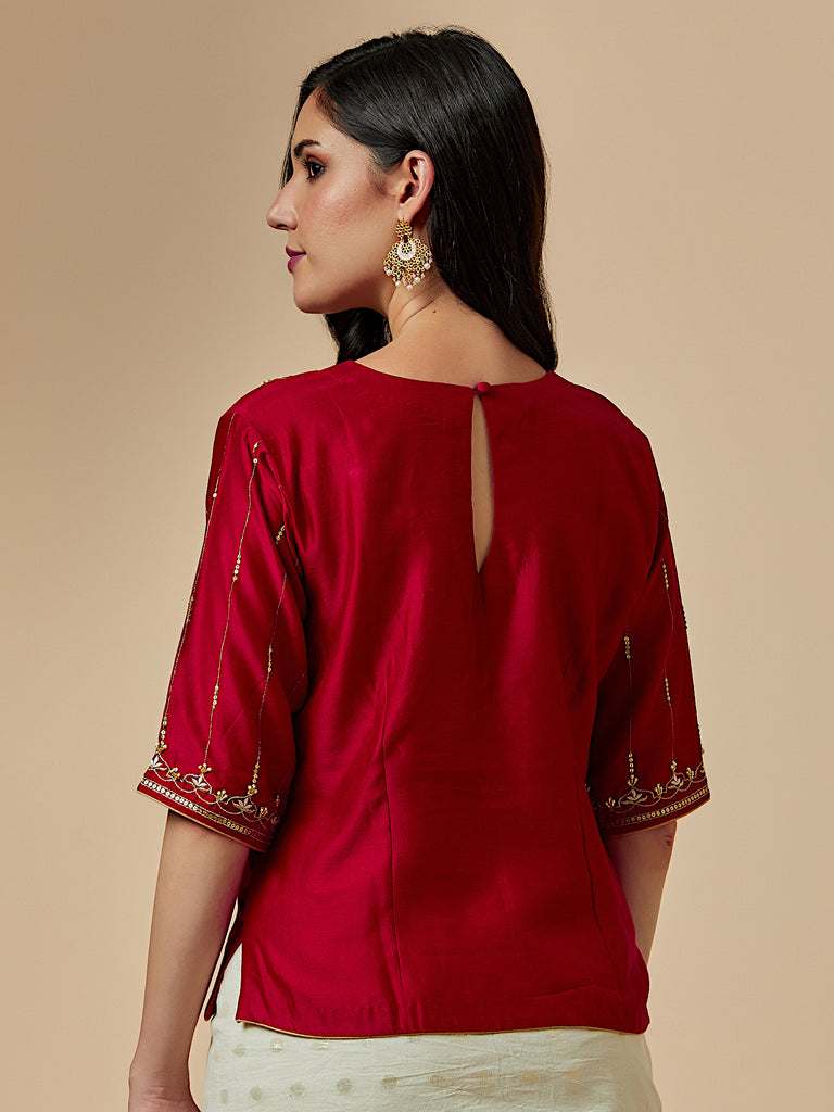 Red closed neck blouse with hand embroidrery – Anantaalife